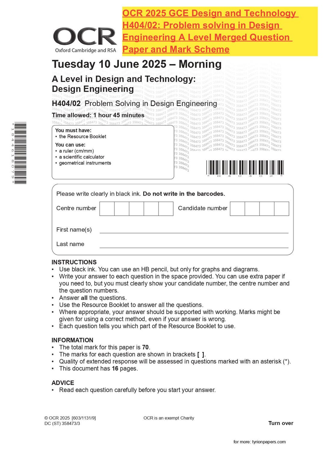 Design & Technology A Level Question Paper: OCR 2025 GCE H404/02 - Etsy