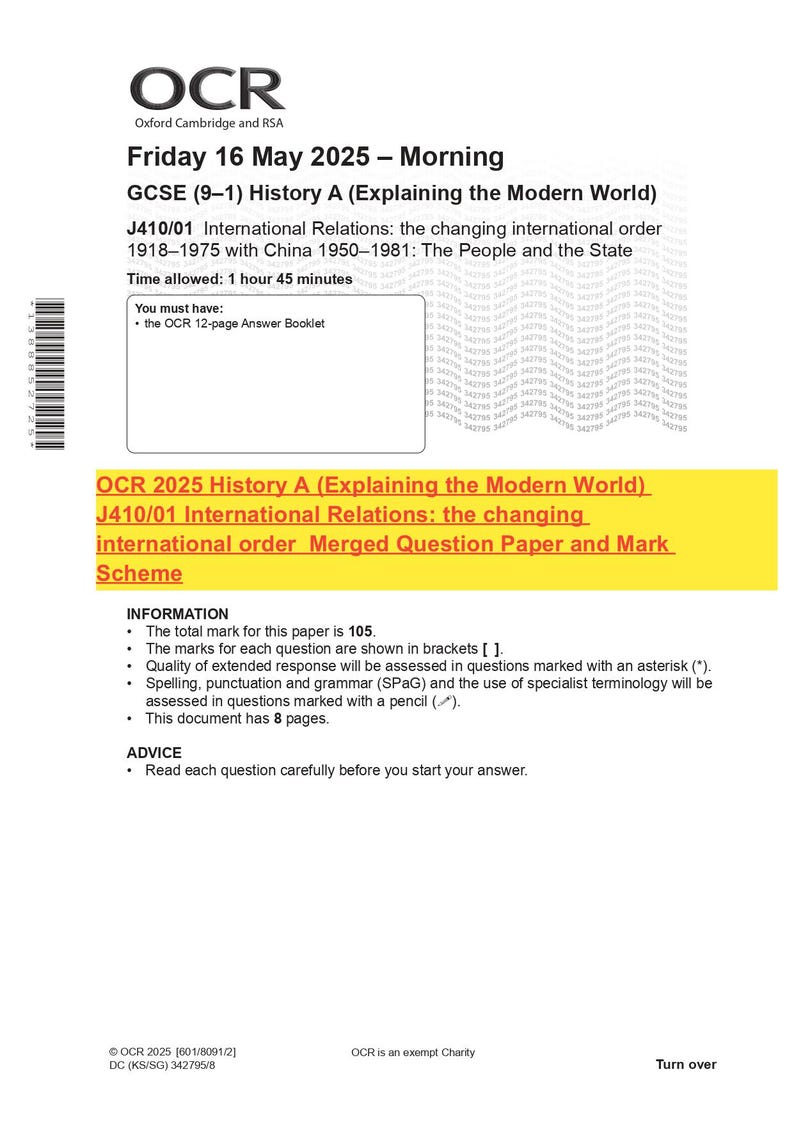 OCR 2025 History A (explaining the Modern World) J410/01 International Relations: the Changing ...