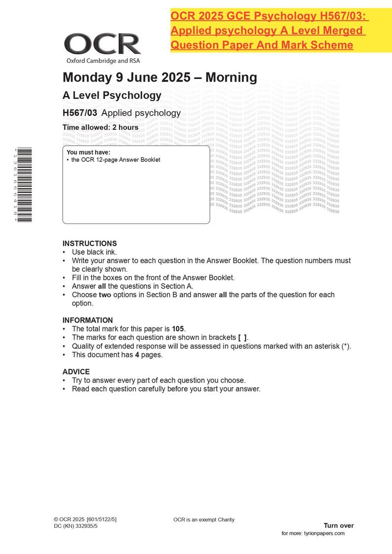 OCR 2025 GCE Psychology H567/03: Applied Psychology A Level Merged Question Paper and Mark ...