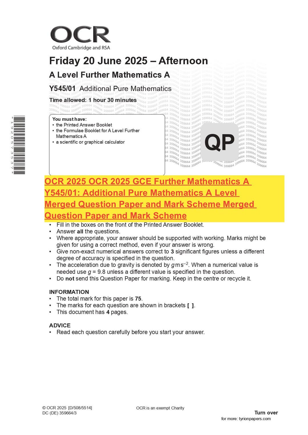 A Level Further Mathematics Question Paper & Mark Scheme (OCR 2025) - Etsy