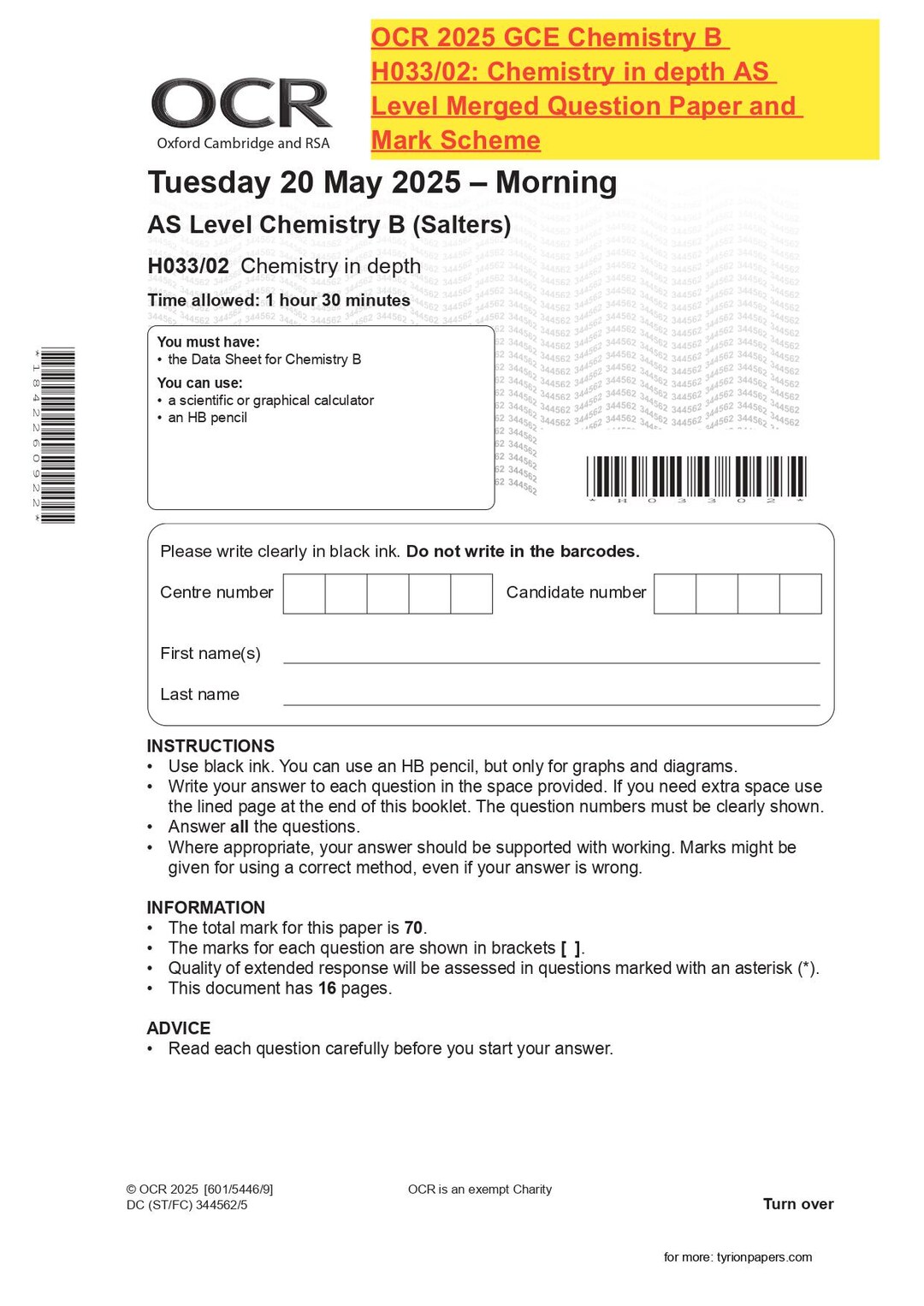 Chemistry AS Level Exam Paper & Mark Scheme - OCR 2025 (PDF) - Etsy