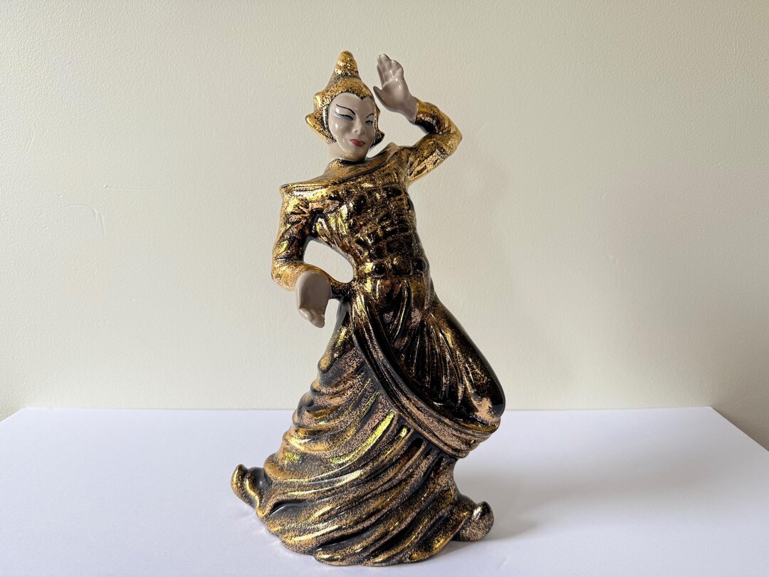 Vintage Balinese Dancer Figurine - Gold & Black Ceramic Statue, Mid ...