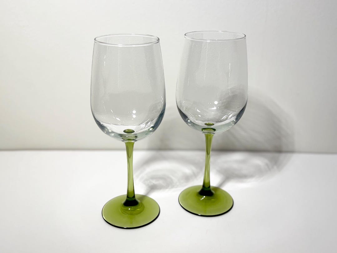 Set of 2 Olive Green Stem Wine Glasses - Vintage Glassware - Modern ...