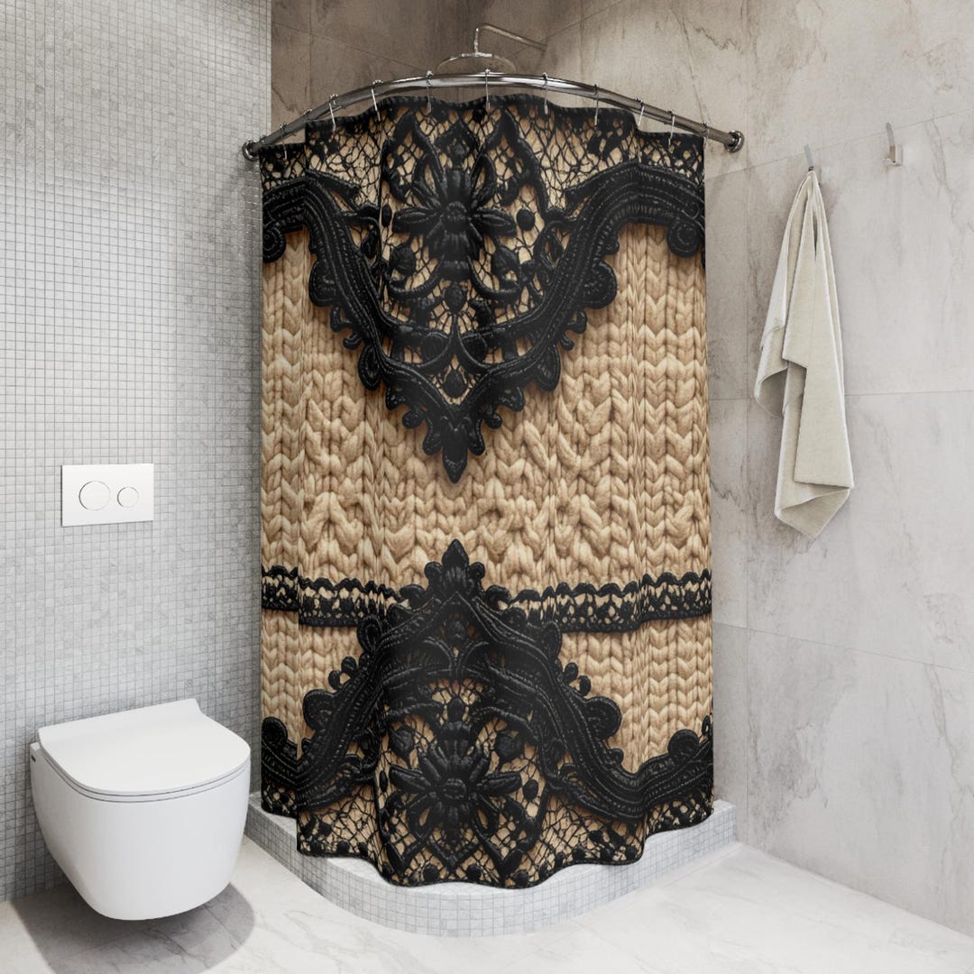 Black Lace Applique Knit Pattern Shower Curtain | Vintage Baroque ...