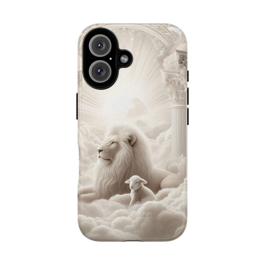 White Lion and Lamb Phone Case | Heavenly Clouds, Spiritual Animal Art ...