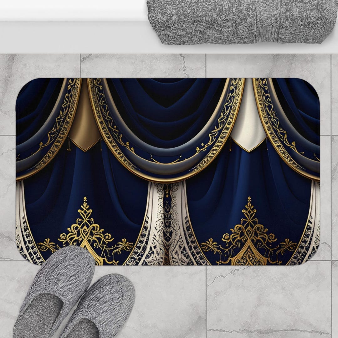 Royal Blue Gold Damask Bath Mat | Elegant Baroque Pattern - Etsy