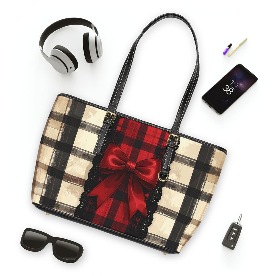 Red Plaid Bow PU Leather Shoulder Bag | Vintage Lace Accent - Etsy