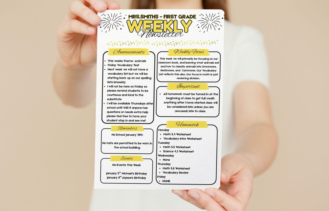 Editable Weekly Classroom Newsletter Template | Canva Elementary ...