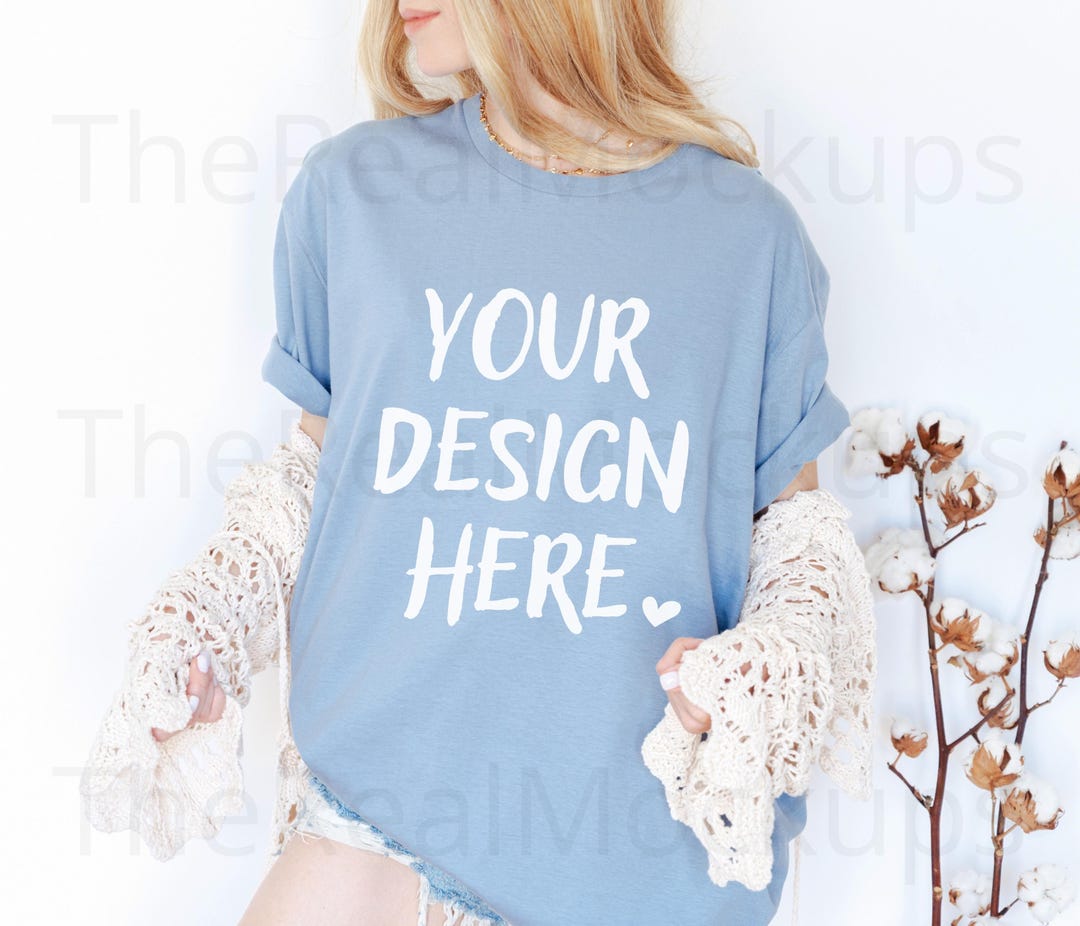 Gildan 64000 Stone Blue T-shirt Mockup: Real Model Photo, Oversized Fit ...