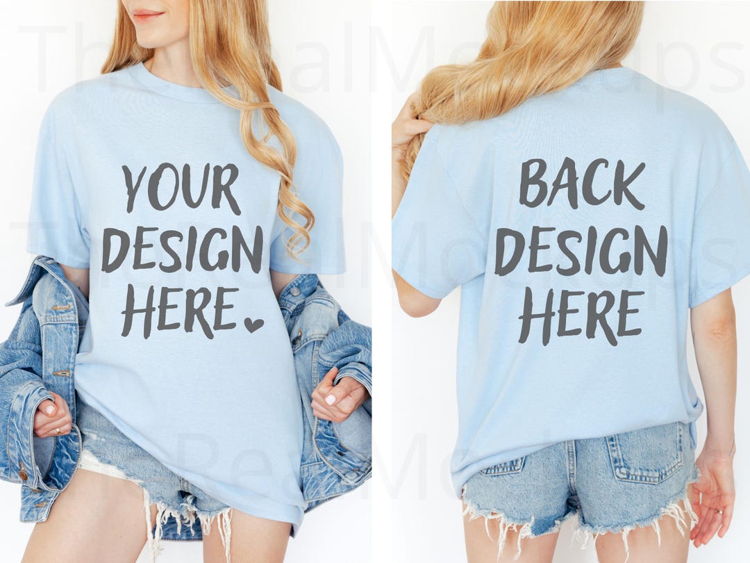 Gildan 5000 Light Blue Front & Back Mockup, Free Size Chart, G500 Model ...
