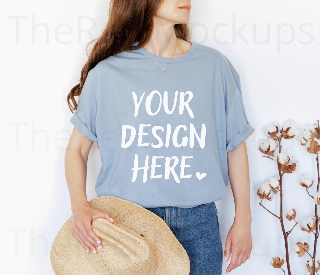Gildan 64000 Stone Blue T-shirt Mockup: Real Model Photo, Boho ...