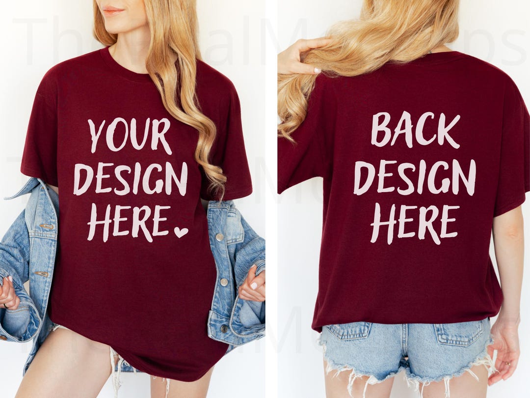 Gildan 5000 Maroon Front & Back Mockup, Free Size Chart, Real Model ...