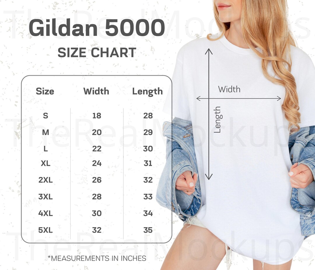 Gildan 5000 Size Chart: Real Model Photo Sizing Guide, Unisex T-shirt ...