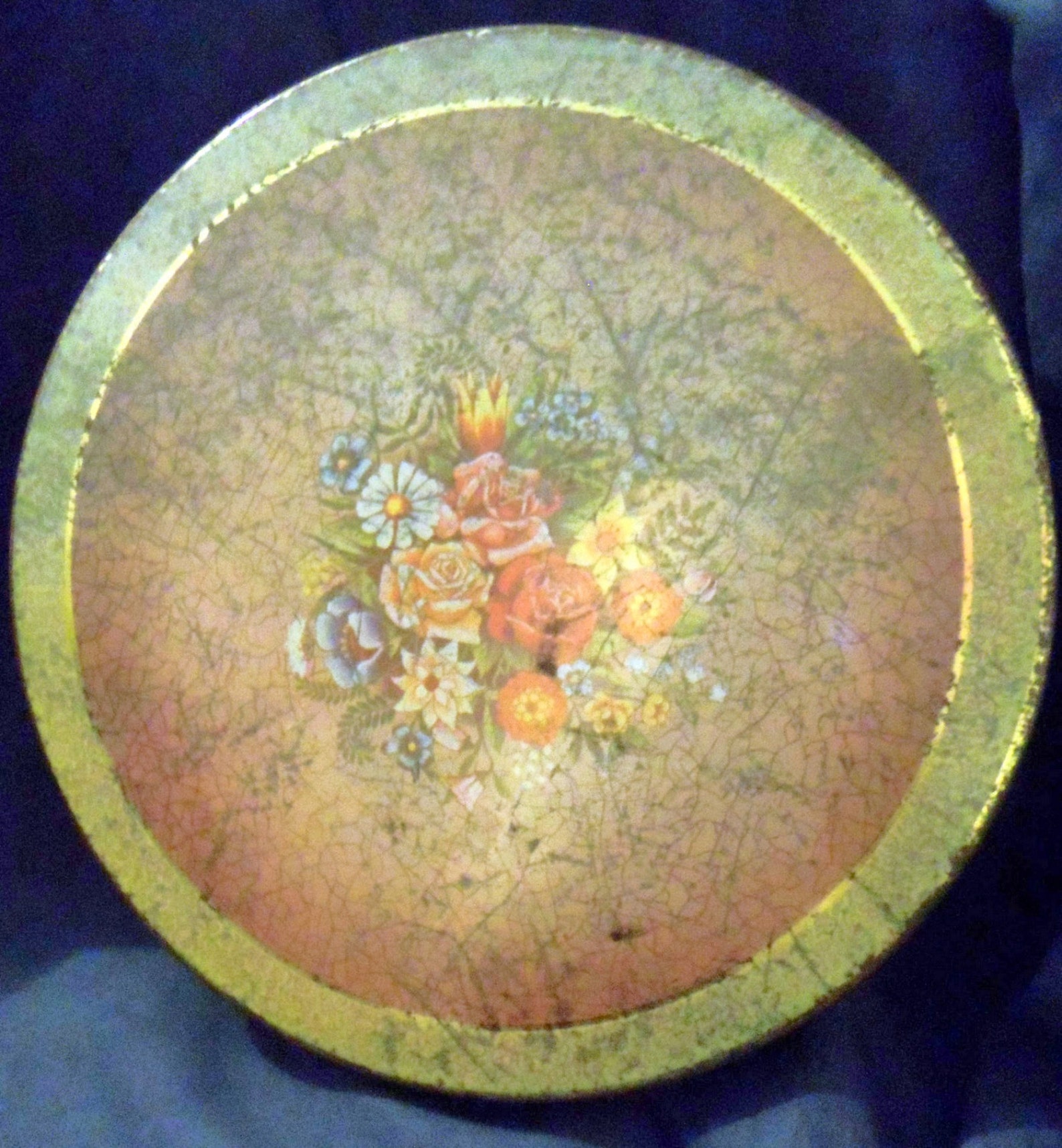 Antique Pink With Gold Rim Tin With Flowers in the Center, Crackled ...
