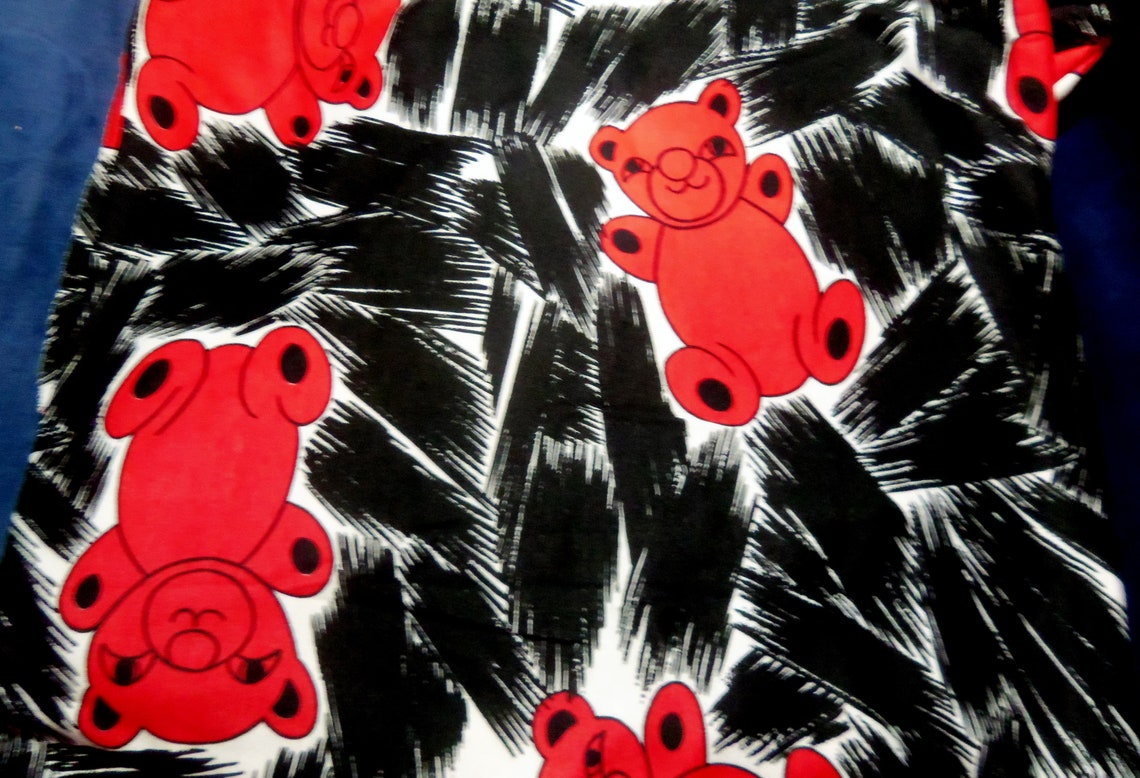 A Fun and Cute Little Red Bear on Black and White Stretch Jersey Knit ...