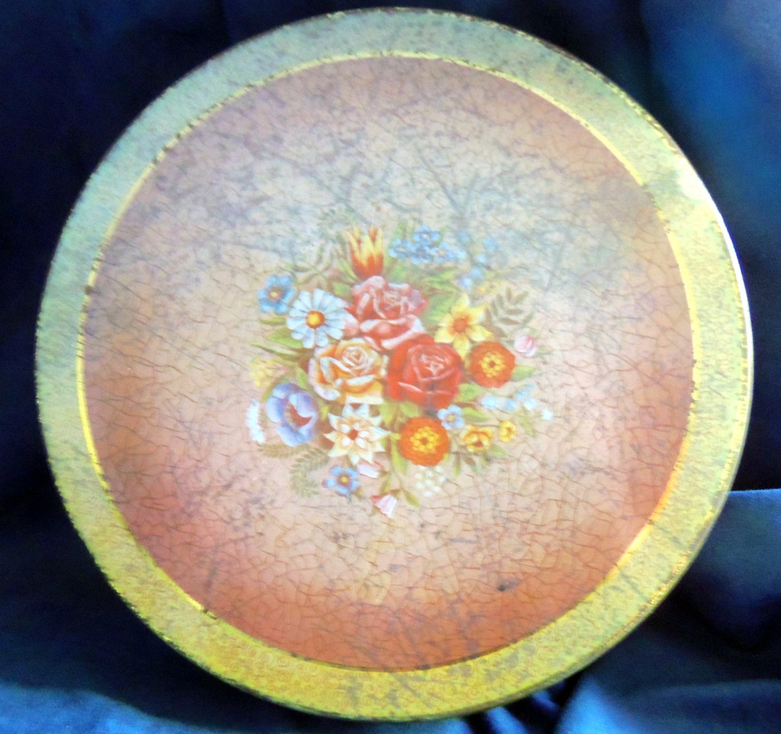 Antique Pink With Gold Rim Tin With Flowers in the Center, Crackled ...