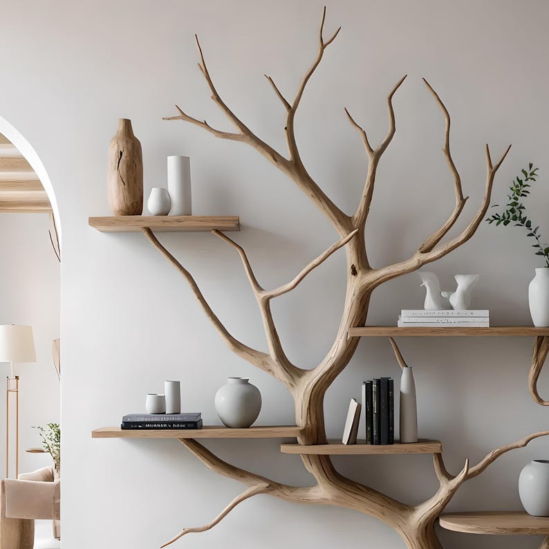 Solid Wood Tree Branch Bookshelf, Handmade Wall Hanging, Interior ...