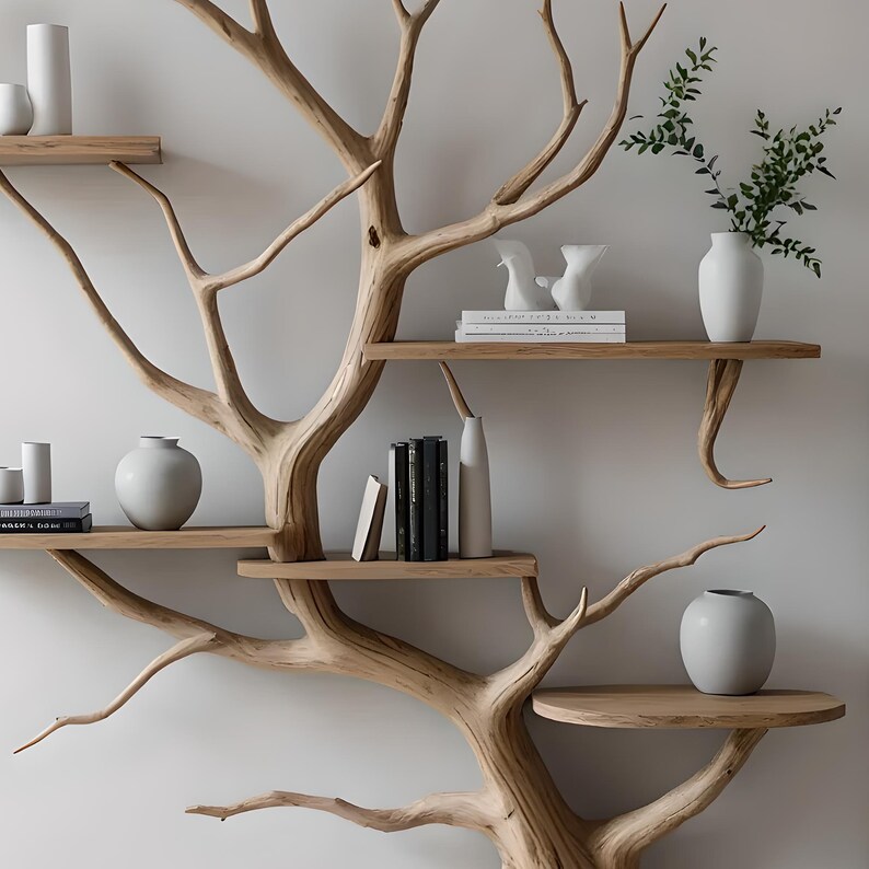 Solid Wood Tree Branch Bookshelf, Handmade Wall Hanging, Interior ...