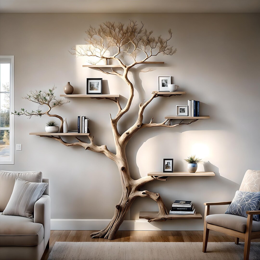 Floating Tree Branch Bookshelf Solid Wood Shelf Floating Bookcase Wall ...