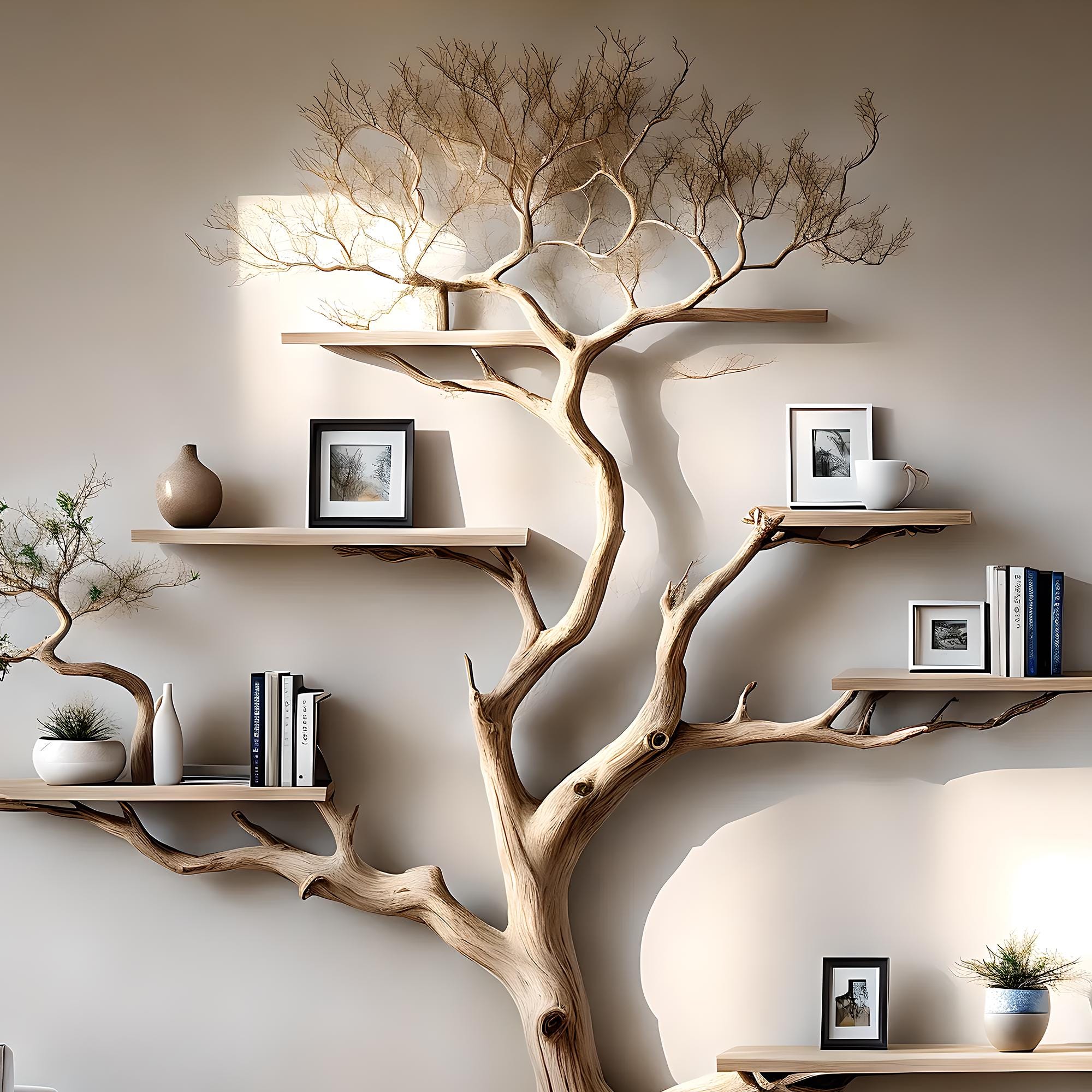 Floating Tree Branch Bookshelf Solid Wood Shelf Floating Bookcase Wall ...