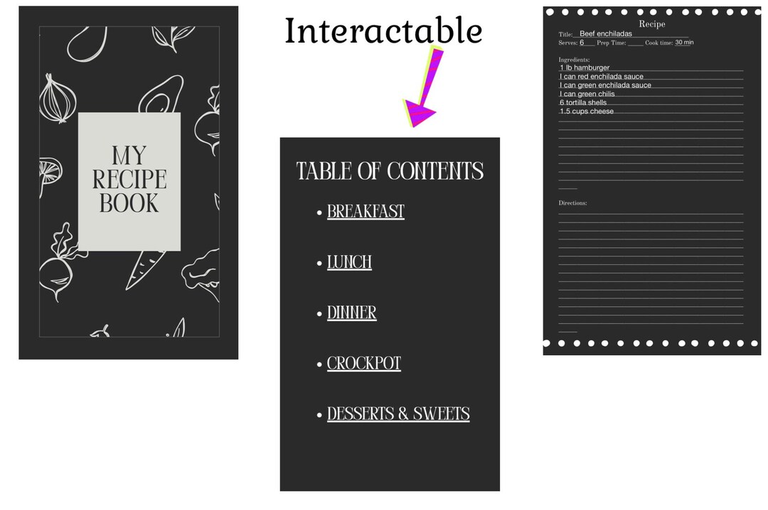 312 Page Modern Digital Recipe Book | Black and White Digital Recipe ...