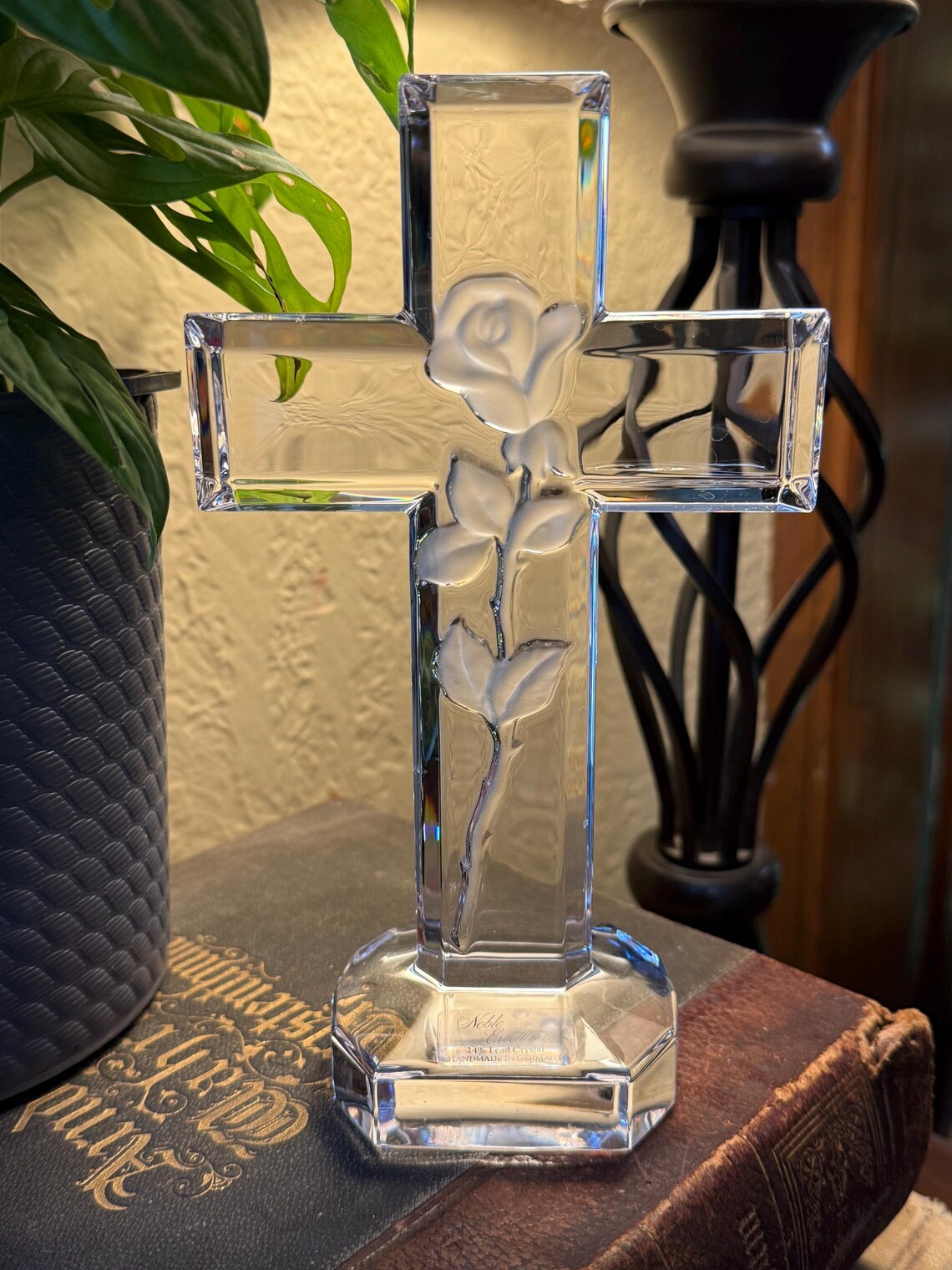 German Lead Crystal Cross With Frosted Rose | Religious Decor - Etsy
