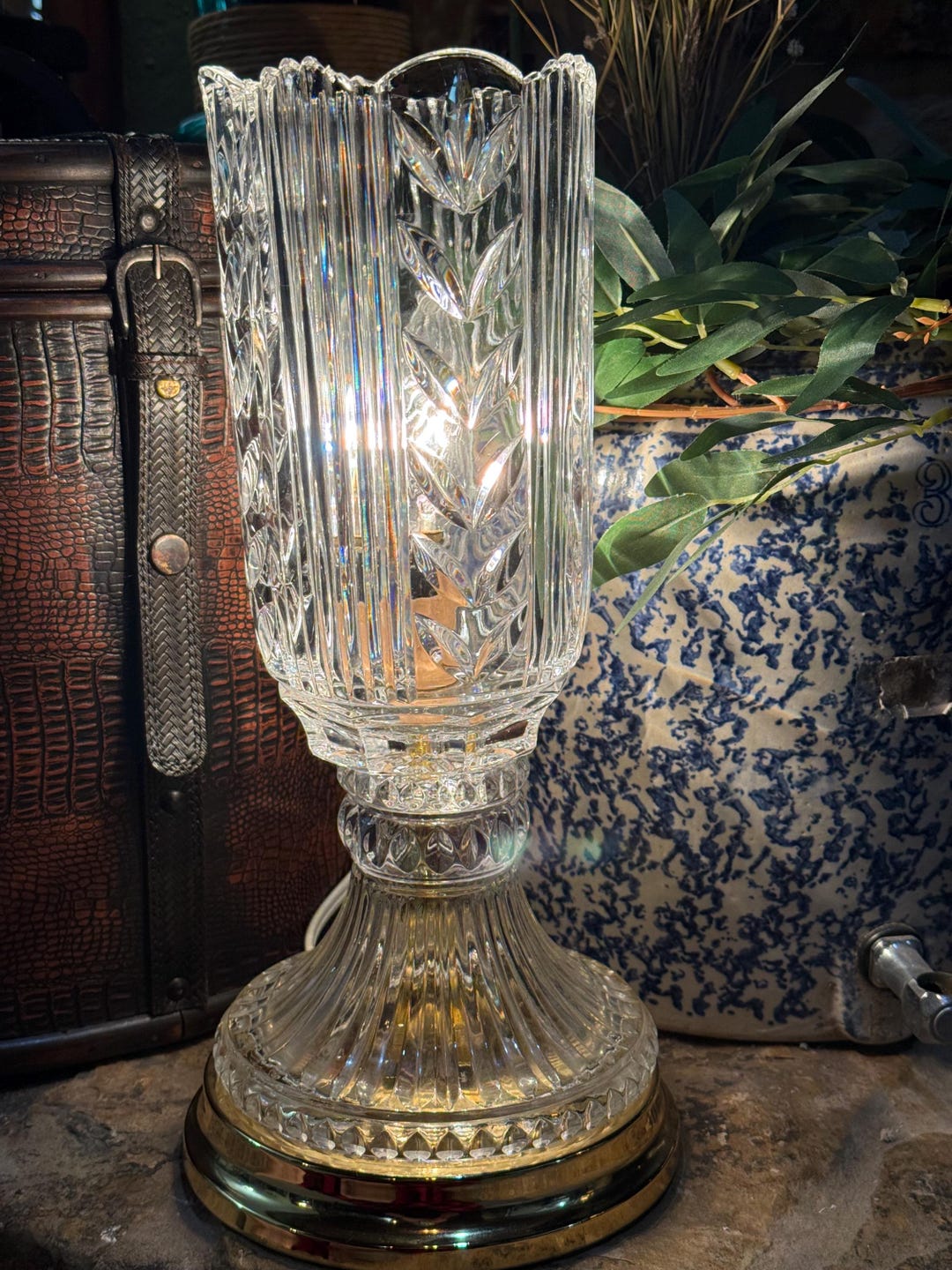 Vintage Hollywood Regency Style Crystal Torchiere Table Lamp With Brass ...