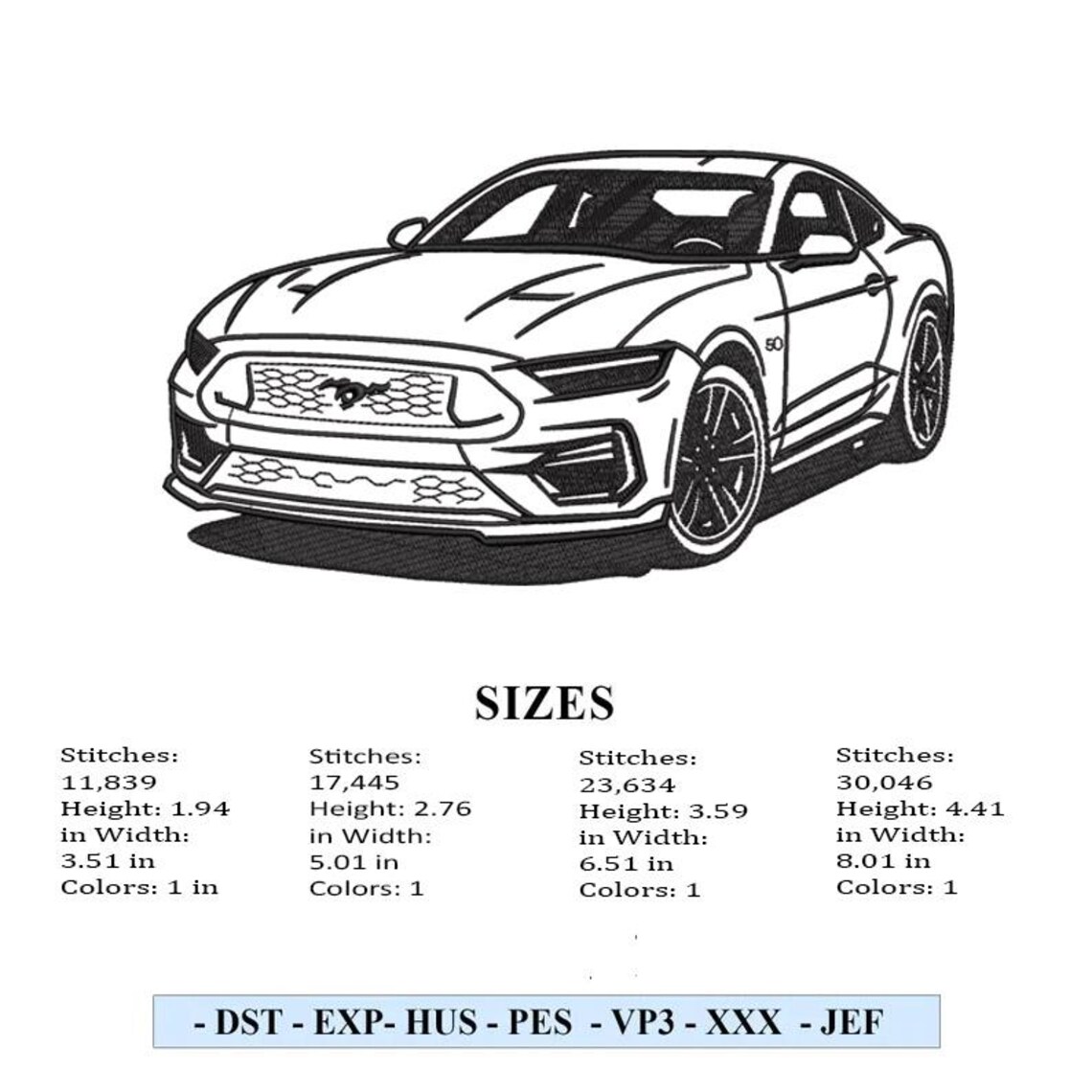 Ford Mustang GT Embroidery Machine File – Full Color & Single Color – 4 ...