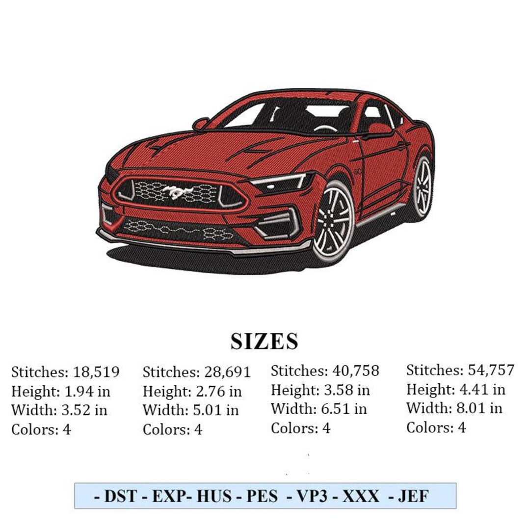 Ford Mustang GT Embroidery Machine File – Full Color & Single Color – 4 ...