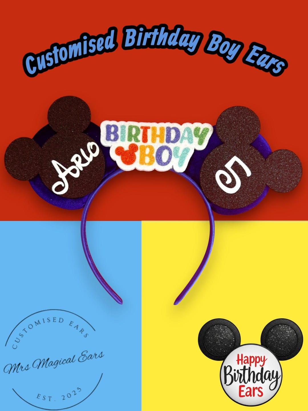 Personalised Birthday Boy Mouse Ears, Custom Name & Age Birthday Ears ...