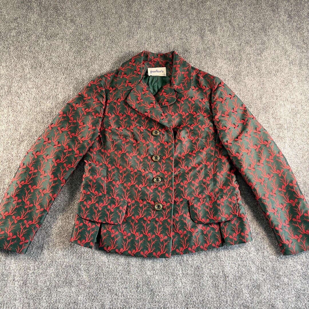 1960s Brocade Holiday Jacket - Green Red Twig Pattern - Porter's NYC - Etsy