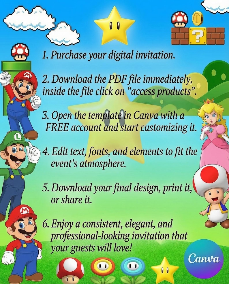 Super Mario Invitation for Kids Birthday Party / Editable Canva ...
