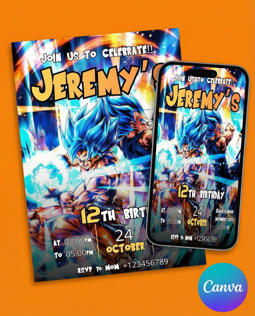 Dragon Ball Z Birthday Invitation, Goku Theme, Vegeta Theme, Editable ...