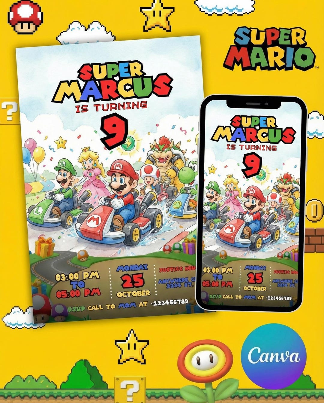 Super Mario Invitation for Birthday Party / Editable Canva Template ...