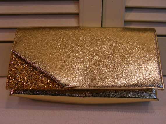 Gold Vinyl Clutch with Glitter Detail, Vintage Gold H… - Gem
