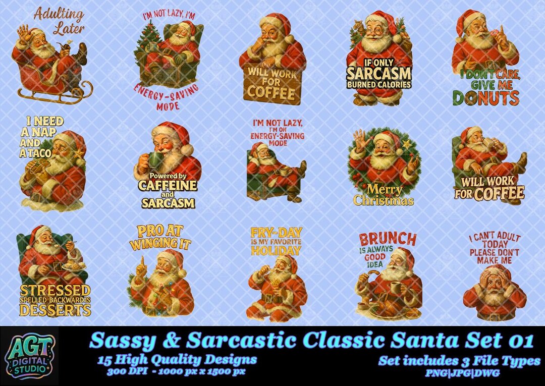 Sassy Sarcastic Vintage Santa Clipart Bundle | Retro Christmas Santa ...