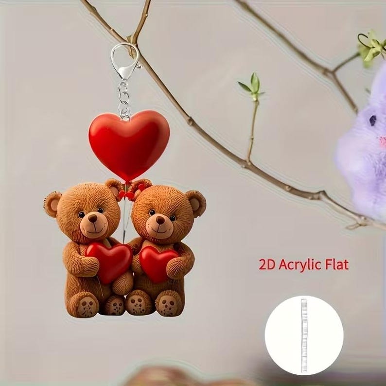 2D Acrylic Flat Teddy Bear Couple Keychain With Heart Balloon - Cute ...