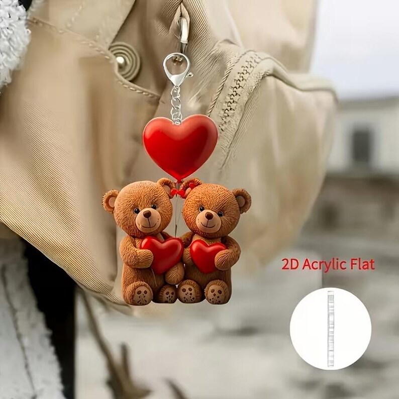 2D Acrylic Flat Teddy Bear Couple Keychain With Heart Balloon - Cute ...