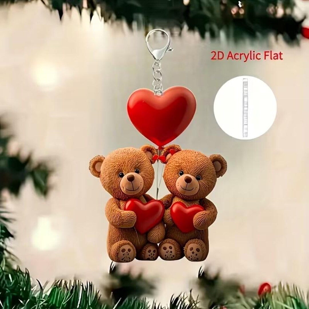 2D Acrylic Flat Teddy Bear Couple Keychain With Heart Balloon - Cute ...