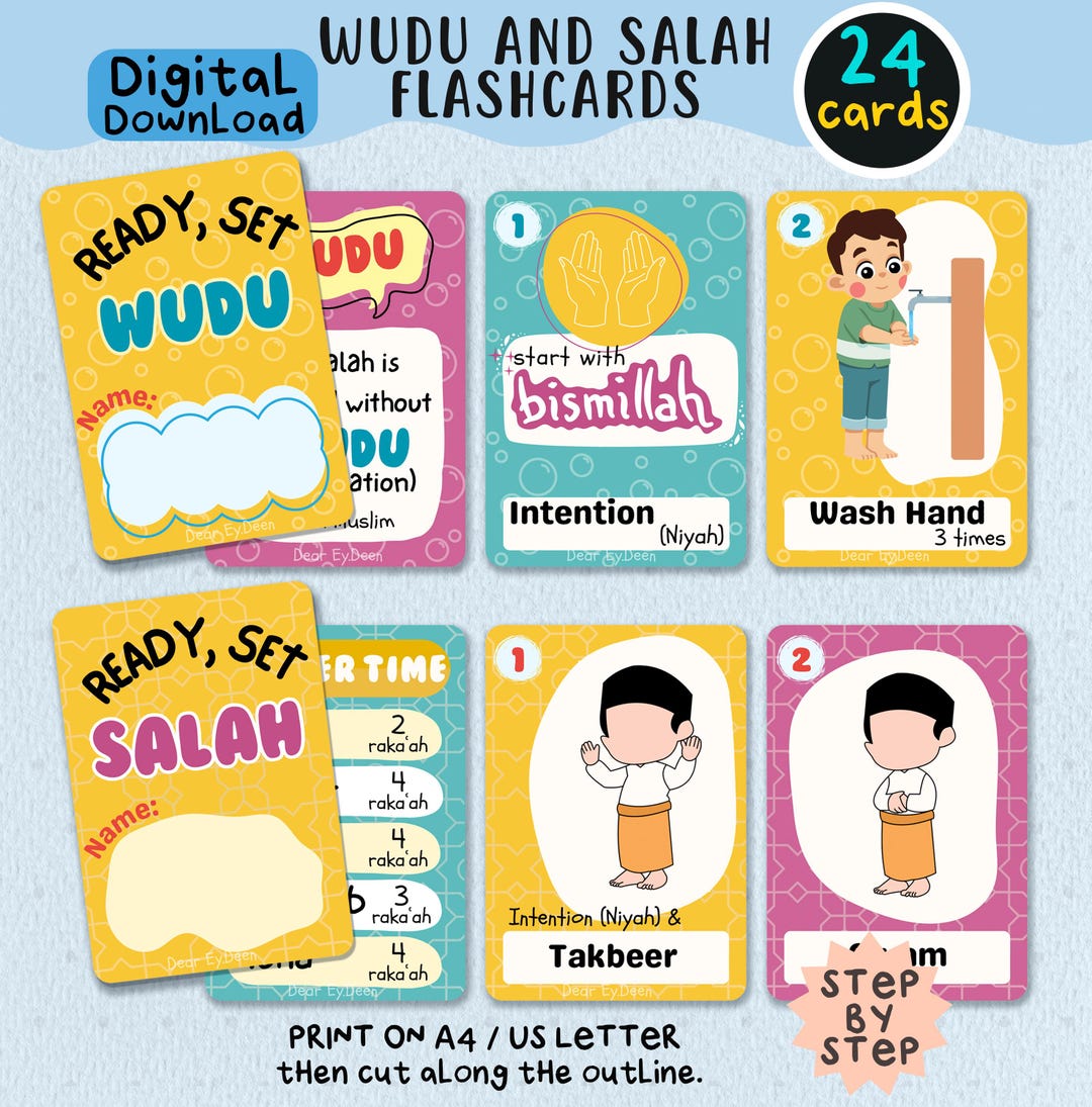 Salah Wudu Tracker Flashcards for Kids, Printable Islamic Ablution ...