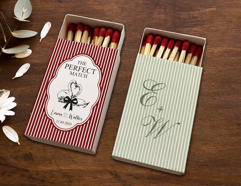 The Perfect Match Wedding Matchbox Favors With Swans, Personalized ...