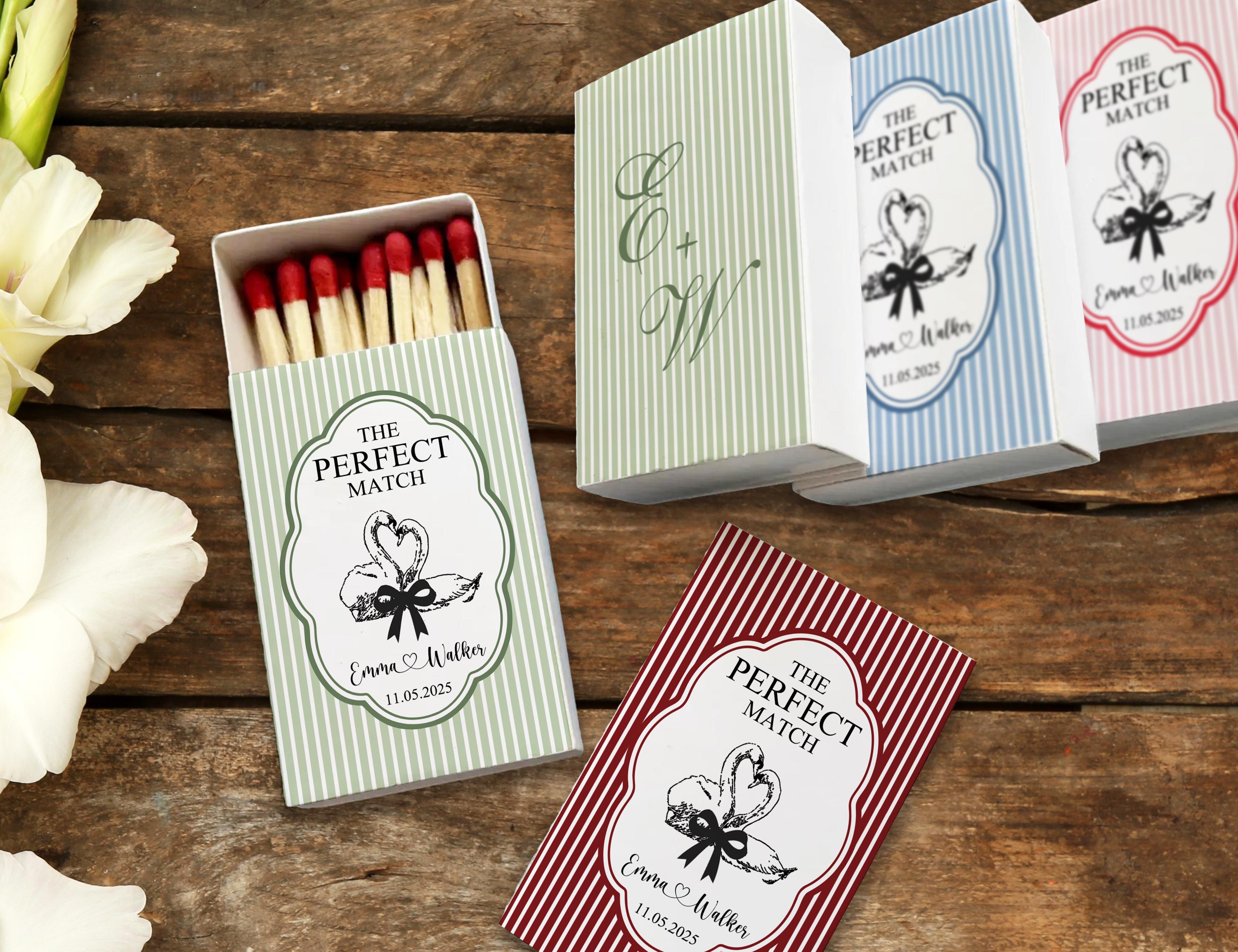 The Perfect Match Wedding Matchbox Favors With Swans, Personalized ...
