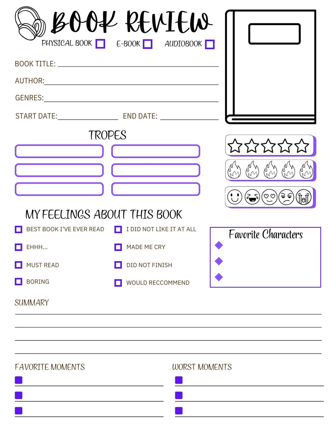 Printable Book Review Journal Pages PDF - Etsy