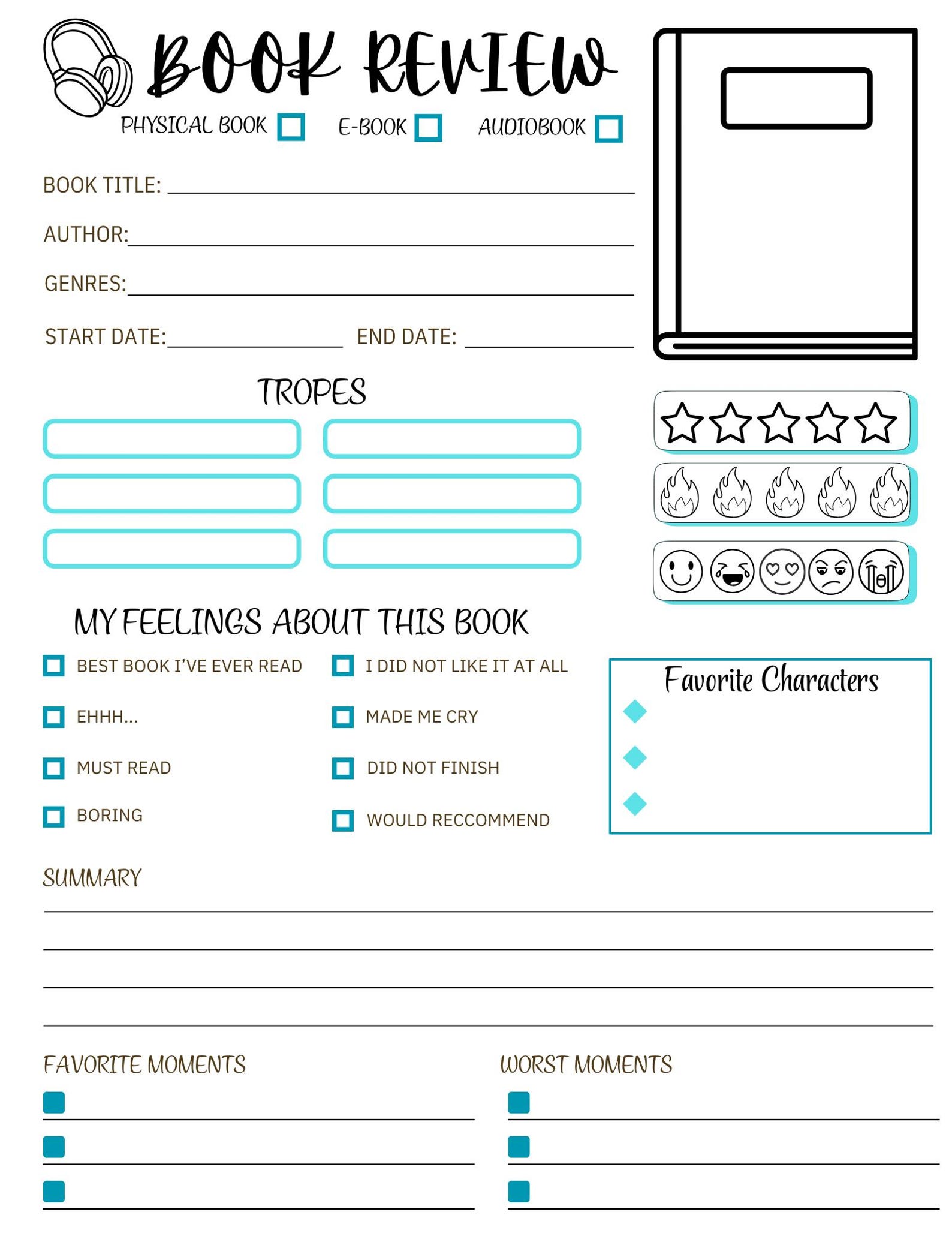Printable Book Review Journal Pages PDF - Etsy