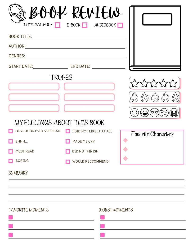 Printable Book Review Journal Pages PDF - Etsy
