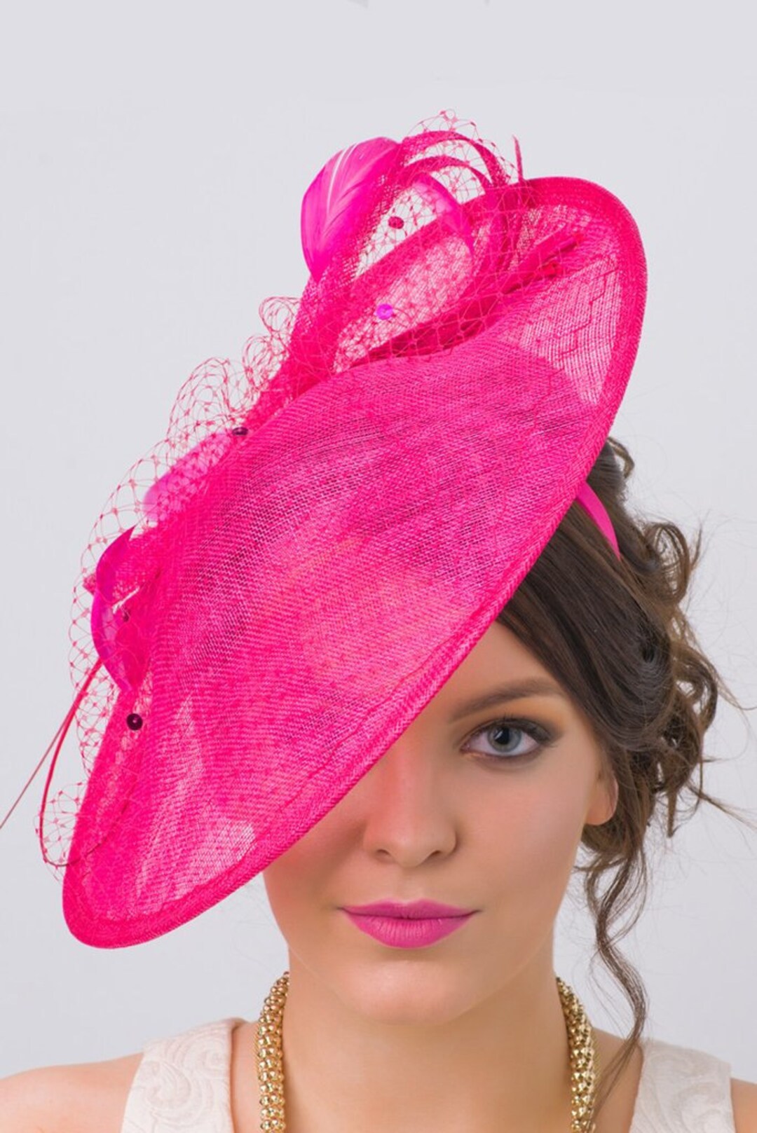 Fuchsia Fascinator Hat - "wendy" Wide Brimmed Fuchsia Mesh Fascinator ...