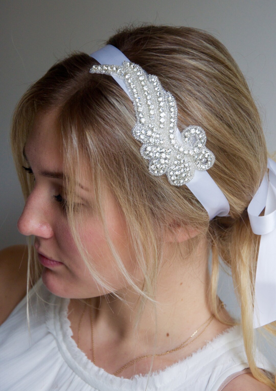 Rhinestone Wing Headband - Crystal Rhinestone Angel Wing on Satin White ...