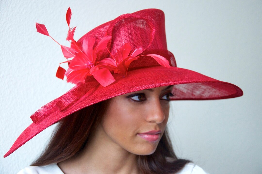 Red Sun Hat - "alexandria" Red Fascinator Sun Hat W/ Mesh Flowers and ...