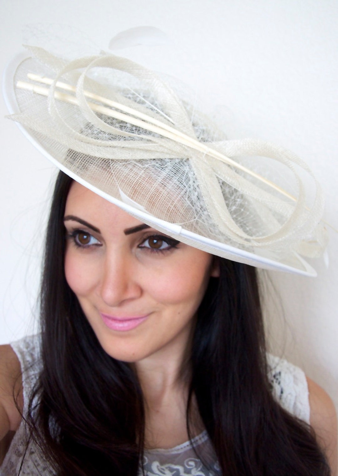 Ivory Fascinator Hat - Wide Slightly Brimmed Mesh Fascinator Hat on a ...
