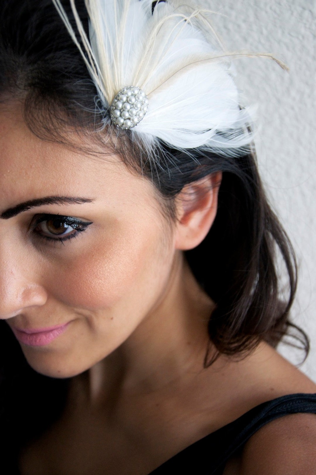 White and Champagne Feather Clip - Bridal Feather Clip W/pearls - Etsy